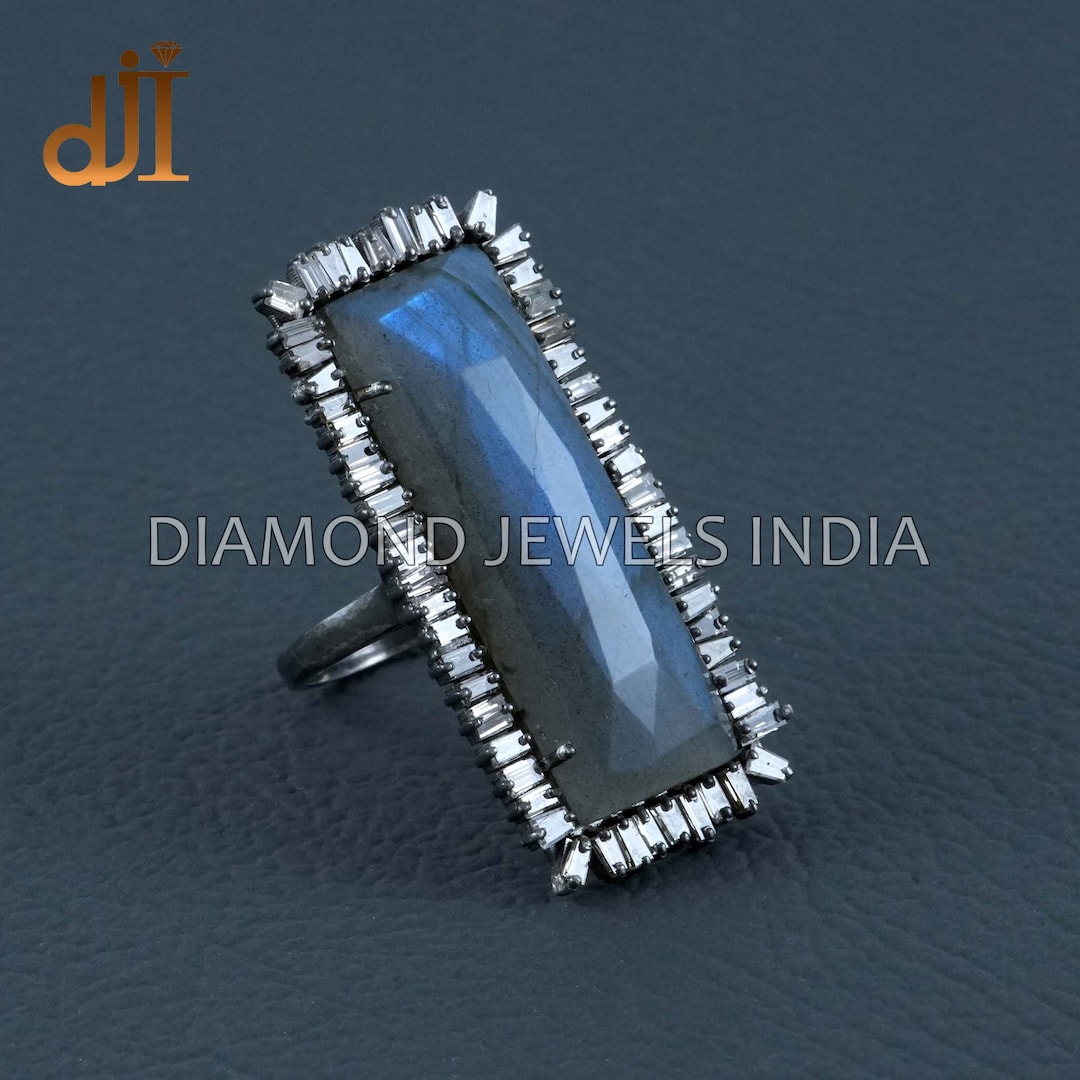 Baguette Diamond Labradorite Ring: Rose Cut Gemstone, 925 Silver - Etsy