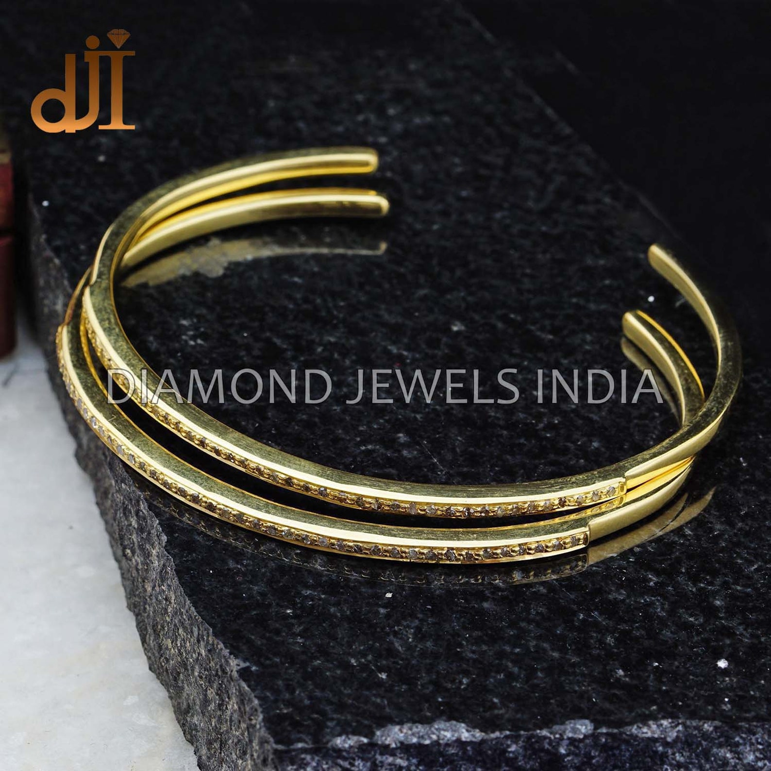 14k Solid Yellow Gold Single Line Pave Diamond Cuff Bangle - Etsy