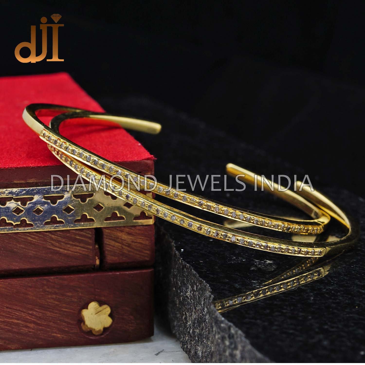 14k Solid Yellow Gold Single Line Pave Diamond Cuff Bangle - Etsy