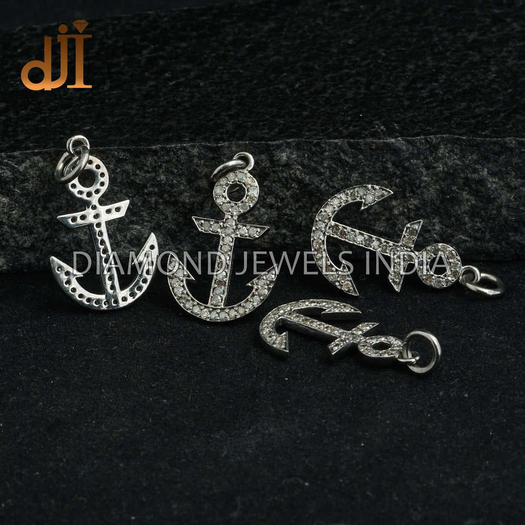 Oxidized Silver Pave Diamond Anchor Pendant Necklace: Minimalist Charm ...