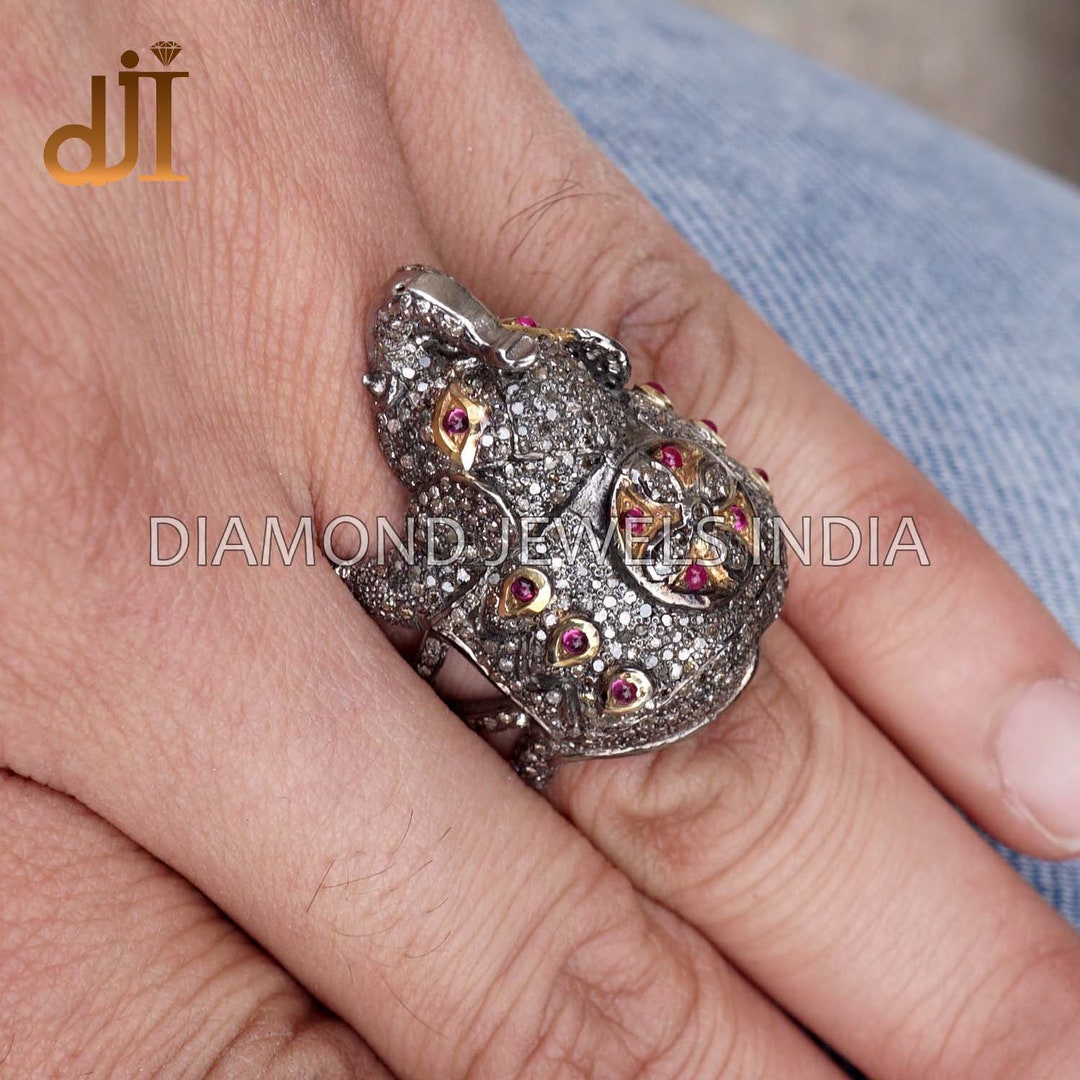 Pave Diamond Elephant Ring: Ruby Gemstone, 925 Silver, Handmade ...