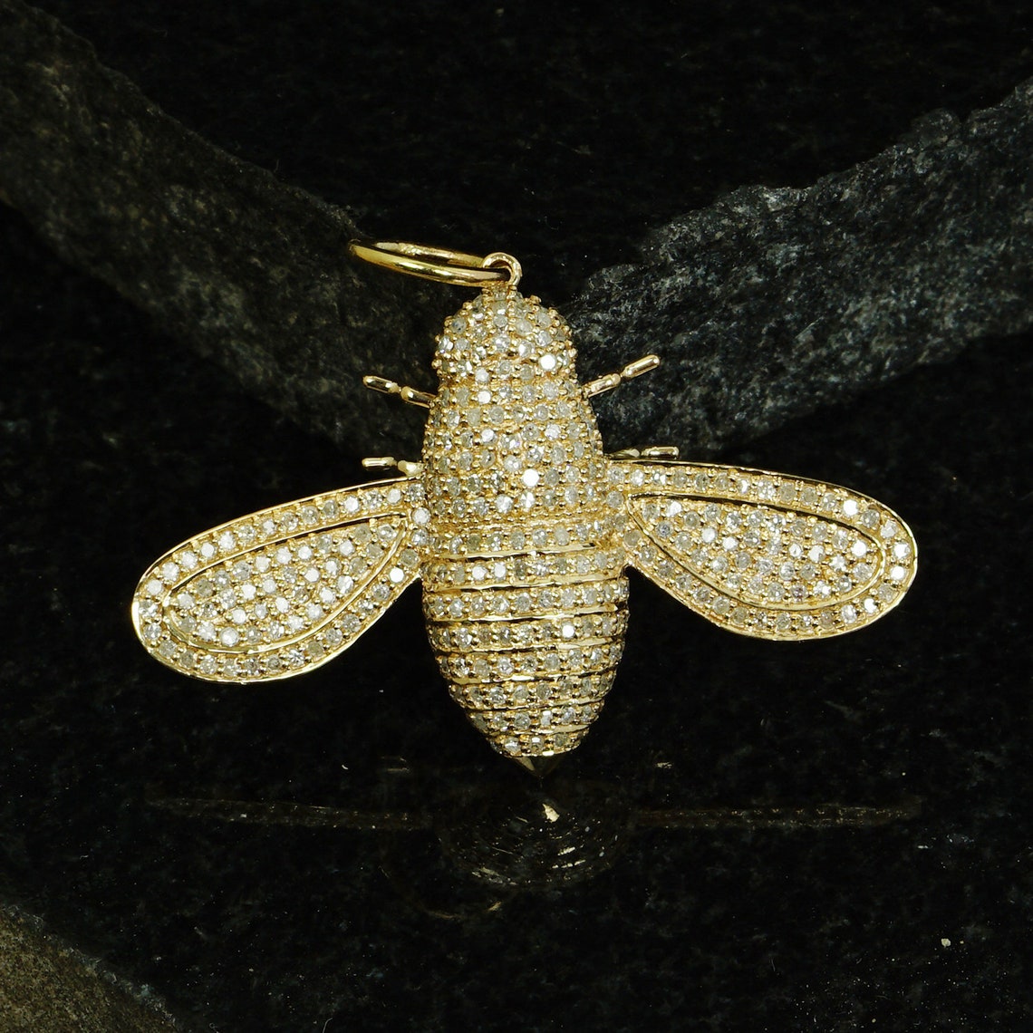 14k Solid Yellow Gold Pave Diamond Bee Pendant Diamond Insect - Etsy