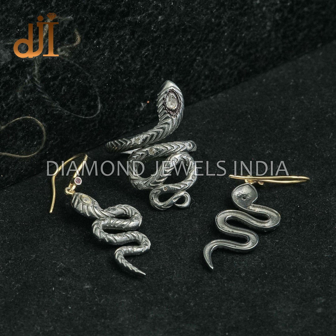 Oxidized Silver Polki Diamond Snake Jewelry Set: Ring & Wire Earrings ...