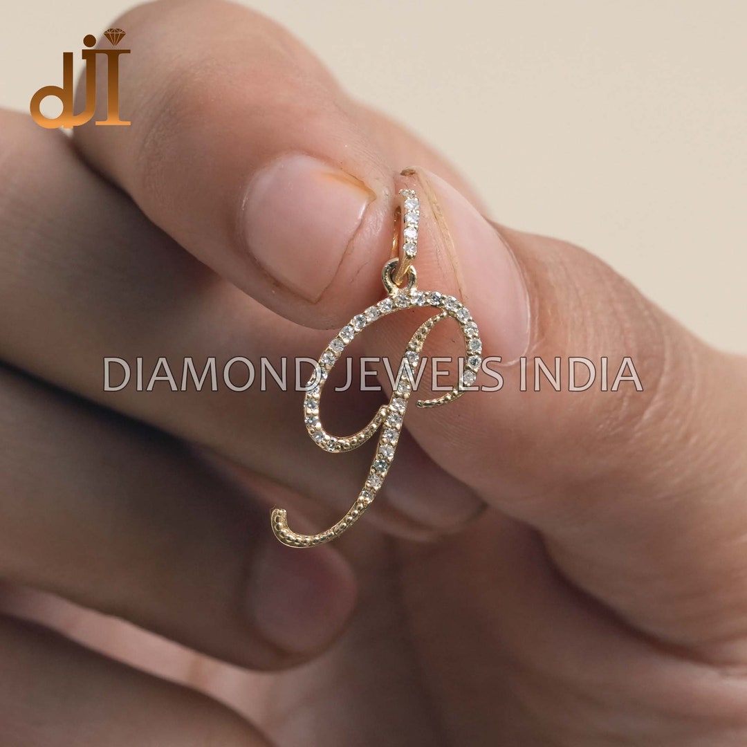 Solid 14k Yellow Gold Pave Diamond Initial P Handmade Alphabet Charm ...