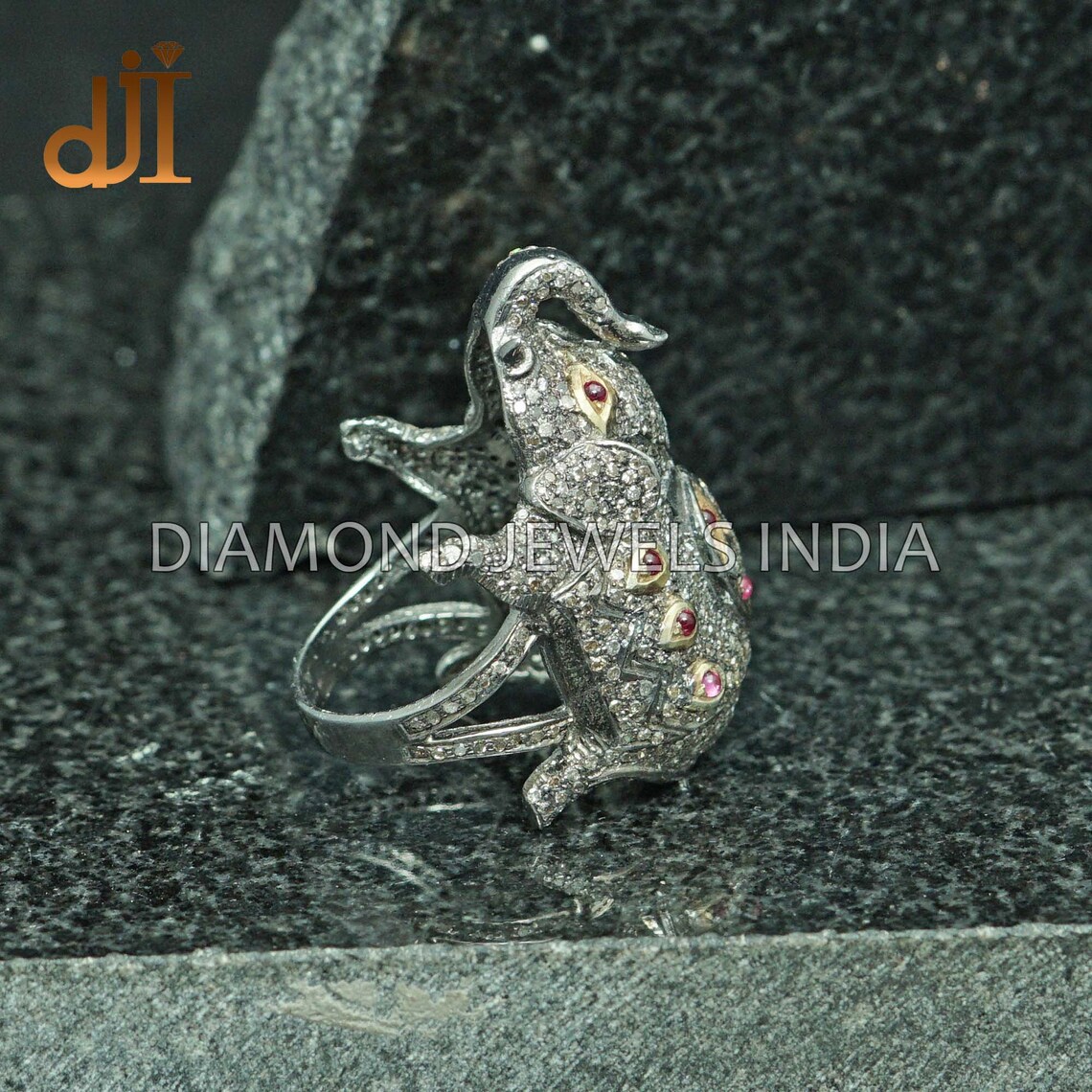 Pave Diamond Elephant Ring: Ruby Gemstone, 925 Silver, Handmade ...