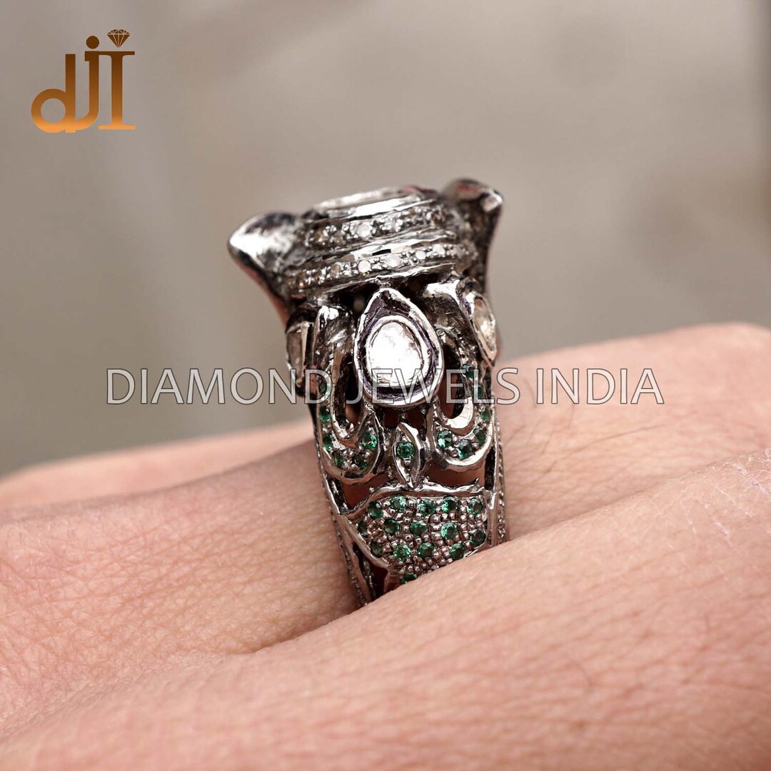 Pave Diamond Elephant Ring: Tsavorite Gemstone, Oxidized 925 Silver ...