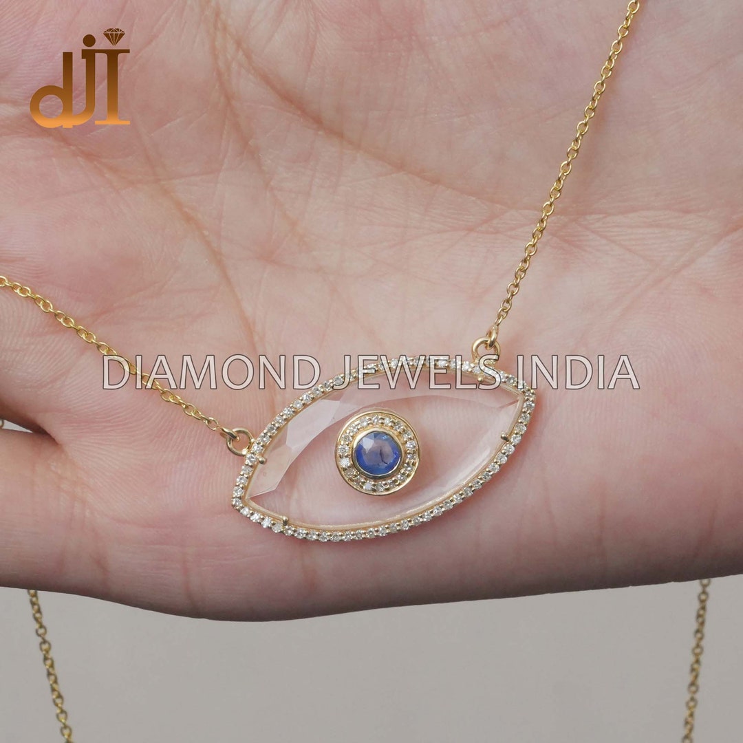 Diamond 18k Gold Evil Eye, Blue Sapphire Eye Crystal Pendant Necklace ...