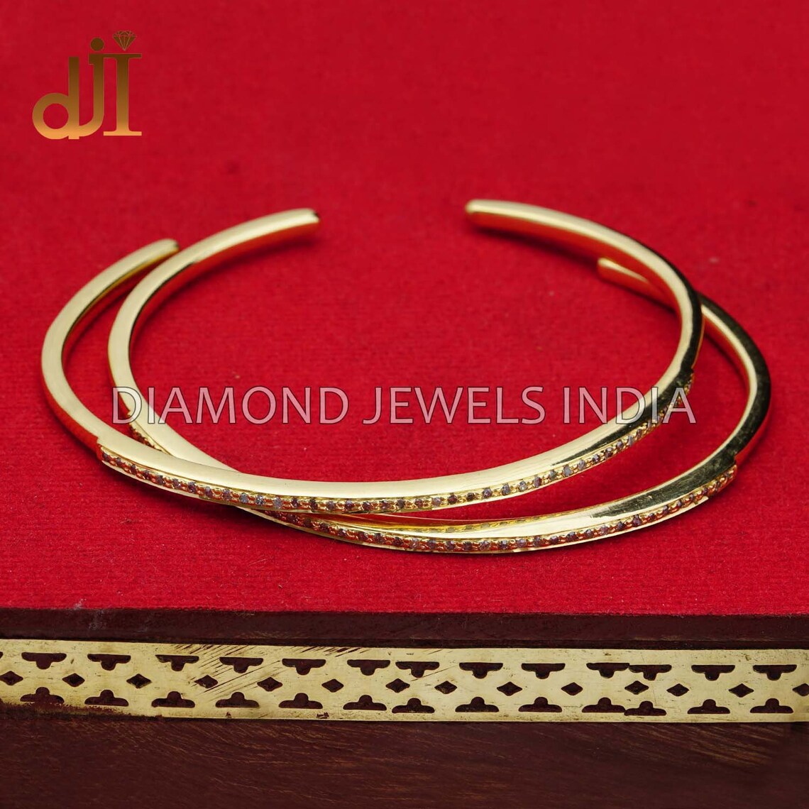 14k Solid Yellow Gold Single Line Pave Diamond Cuff Bangle - Etsy