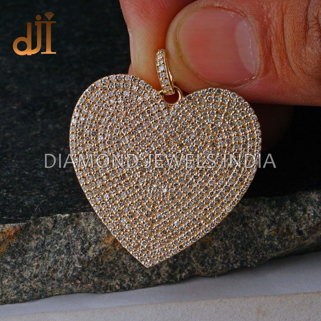 Natural Pave Diamond Big Heart Pendant: 14k Yellow Gold Love Jewelry ...
