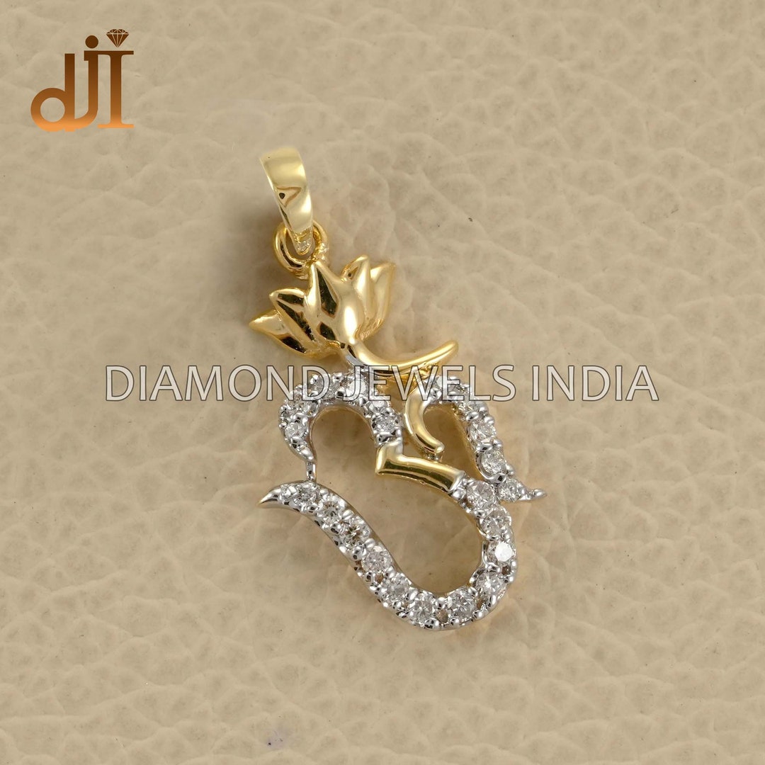 Solid 14k Gold Om Diamond Pendant, Hindu Charm, Aum Yoga Necklace, Gold Lotus Charm, Meditation ...