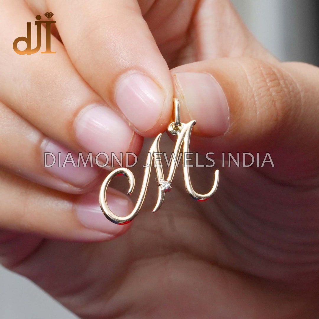 14k Solid Gold Diamond M Pendant, Alphabet M Charm Pendant, 14k Gold ...