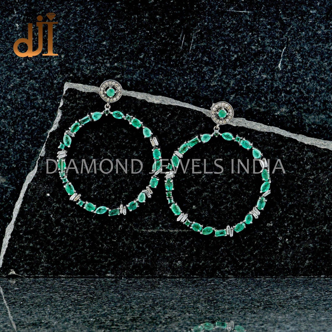 Pave Diamond Stud Hoop Earrings Natural Emerald Gemstone Handmade ...