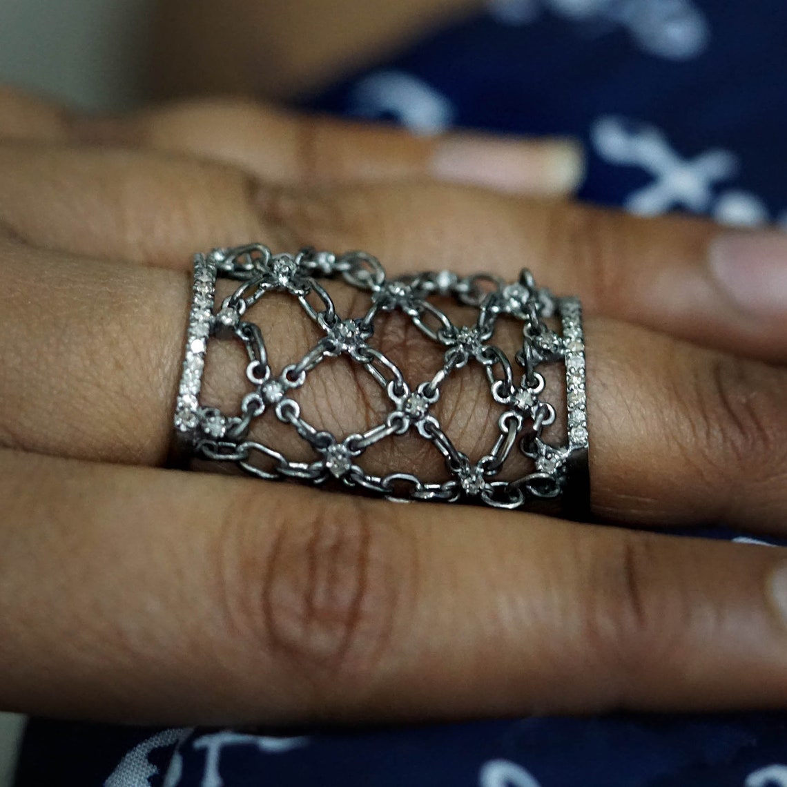 Diamond Silver Band Ring Diamond Chain Ring Gift for Her - Etsy