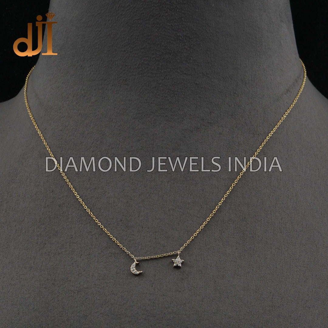 Pave Diamond Moon Star Necklace: 14k Gold Minimalist Jewelry - Etsy