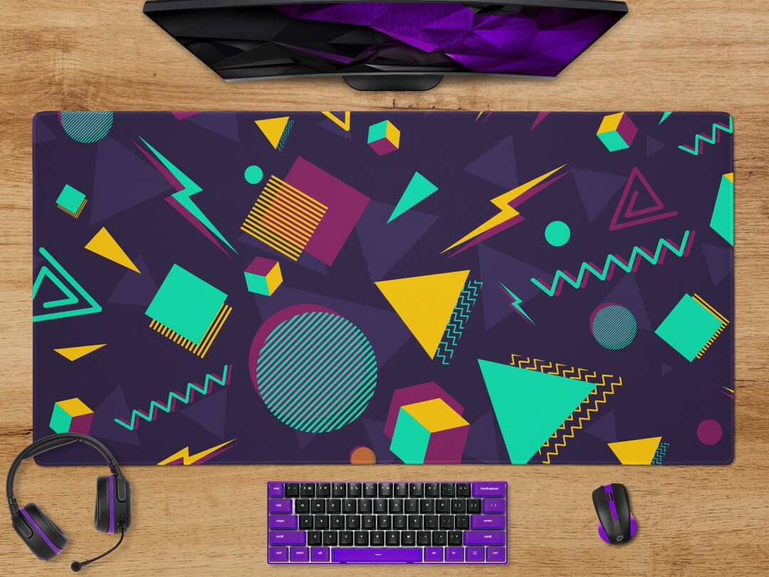 Abstract Retro 80s 90s Desk Mat, Purple Geometric Memphis Funky Gaming ...