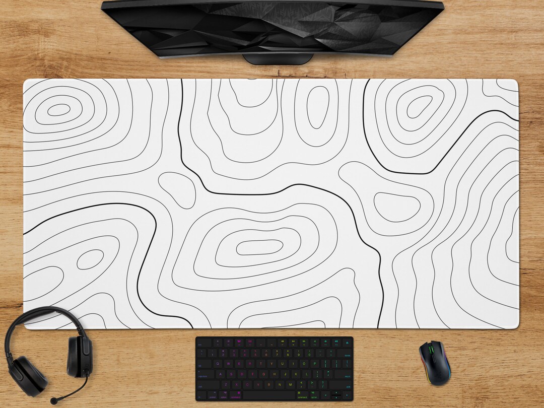 Topographic Abstract Desk Mat, White Geographic Map Gaming Large Mouse ...