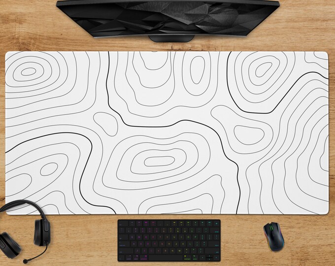 Topographic Abstract Desk Mat, White Geographic Map Gaming Large Mouse ...