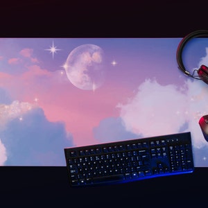 Pastel Clouds Dreamy Moon Desk Mat, Aesthetic Cute Purple Pink Gaming ...