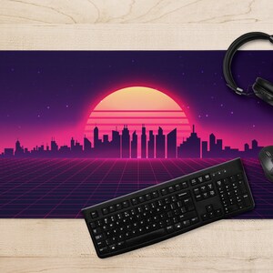 Vaporwave Skyline Retro 80s 90s Desk Mat, Purple Pink Neon Gaming Large ...