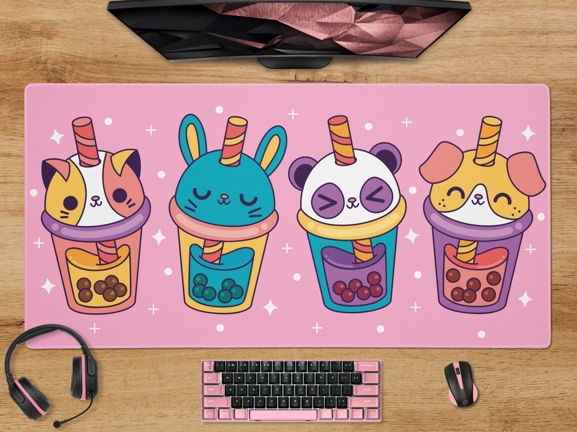 Kawaii Cute Animal Bubble Tea Desk Mat Boba Pink Gaming Large - Etsy