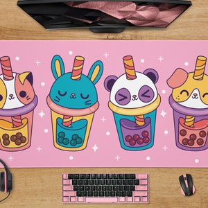 Kawaii Cute Animal Bubble Tea Desk Mat, Boba Pink Gaming Large Mouse ...
