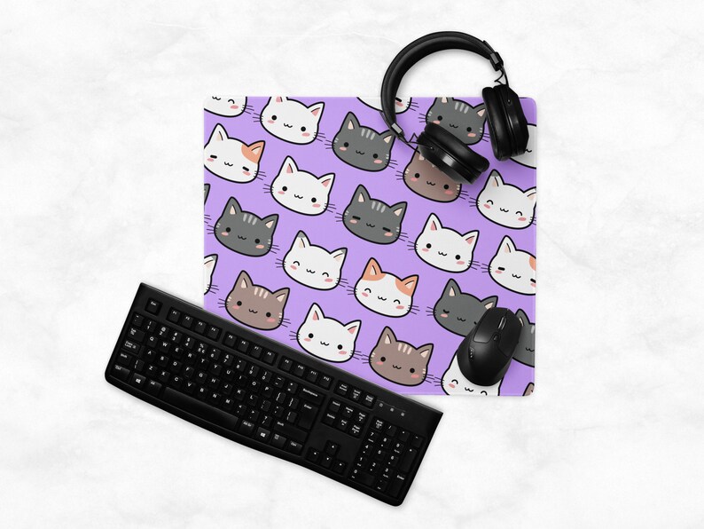 Kawaii Cute Cat Faces Purple Desk Mat Gaming Large Mouse Pad - Etsy