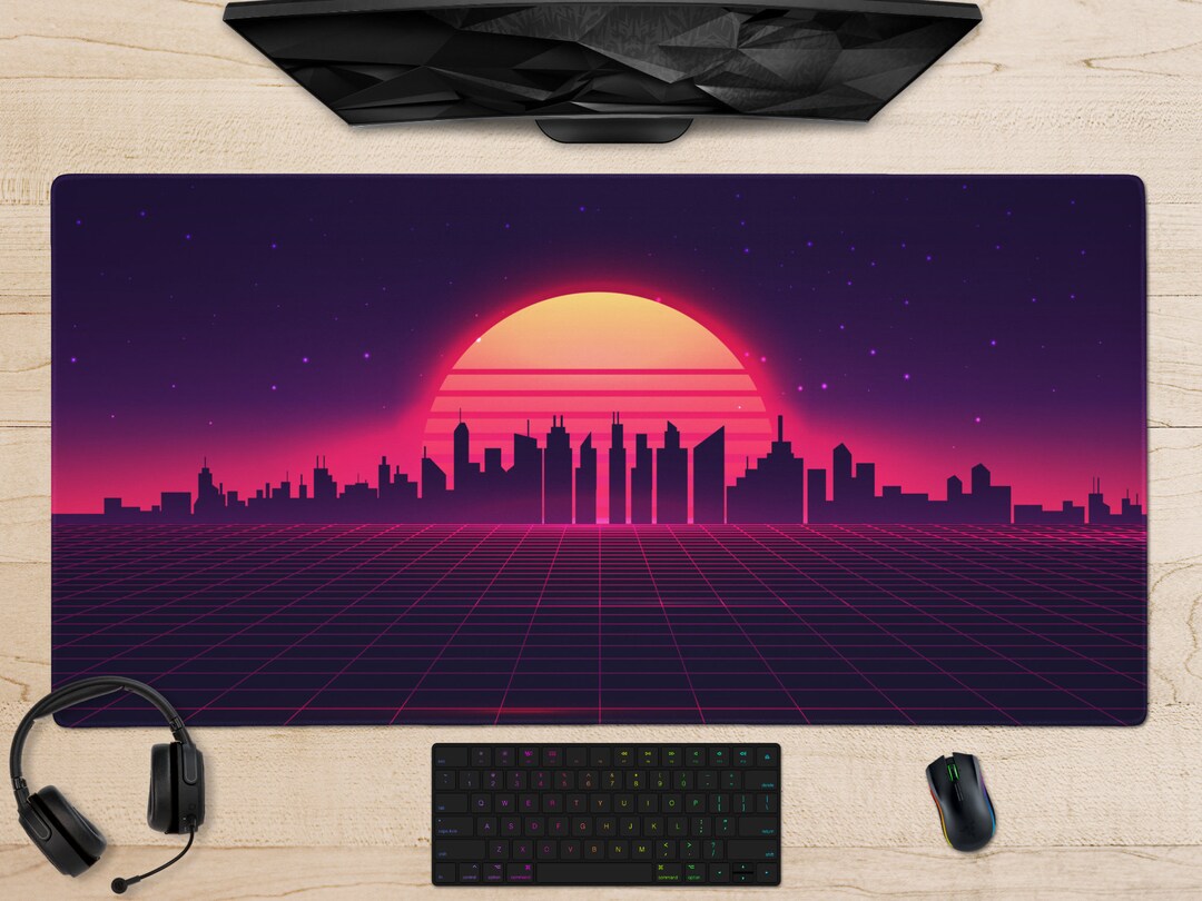 Vaporwave Skyline Retro 80s 90s Desk Mat, Purple Pink Neon Gaming Large ...