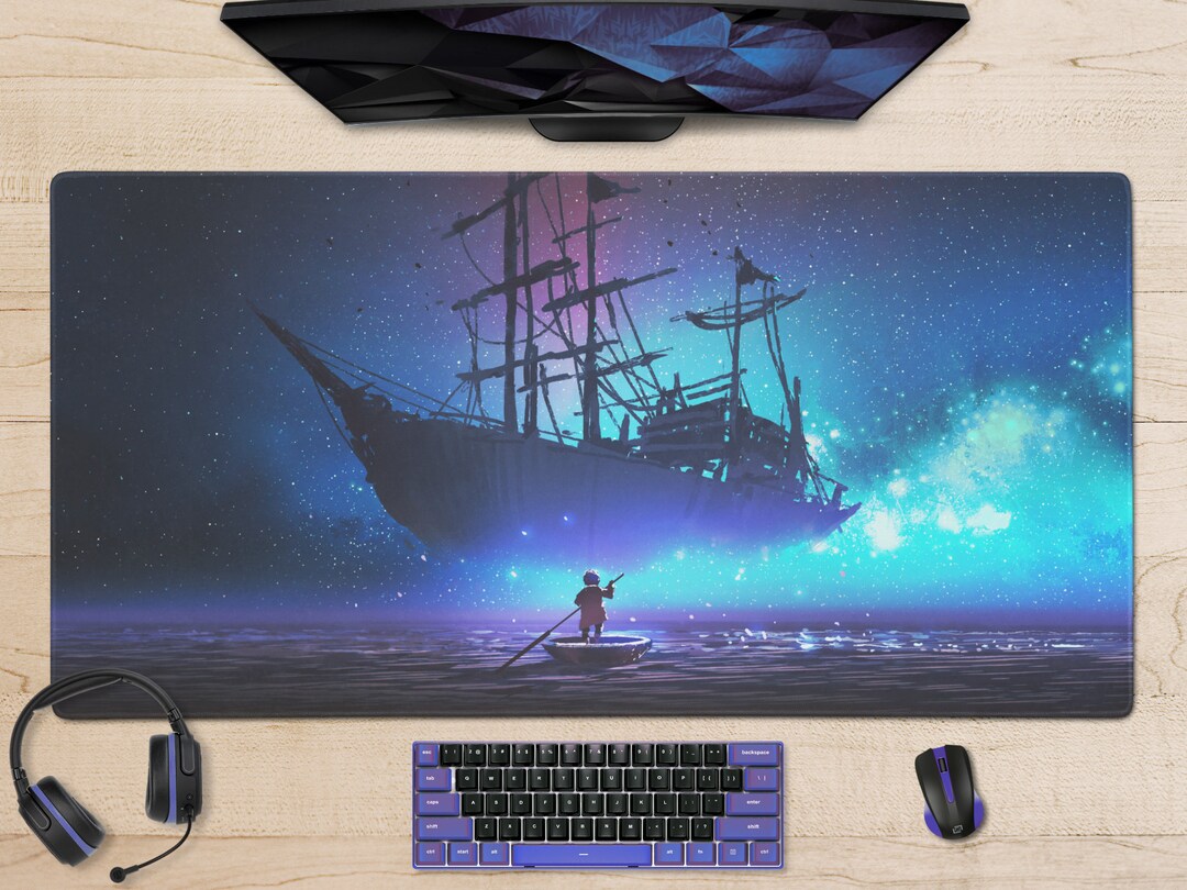 Fantasy Row Boat Ocean Desk Mat, Nautical Starry Night Sky Ship Sea ...