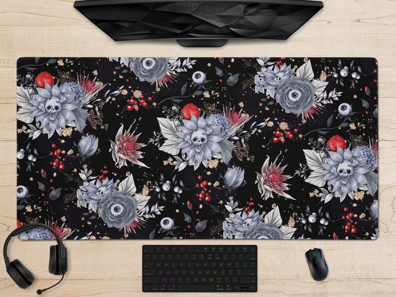 Goth Floral Skull Halloween Desk Mat Eyeball Flower Black - Etsy
