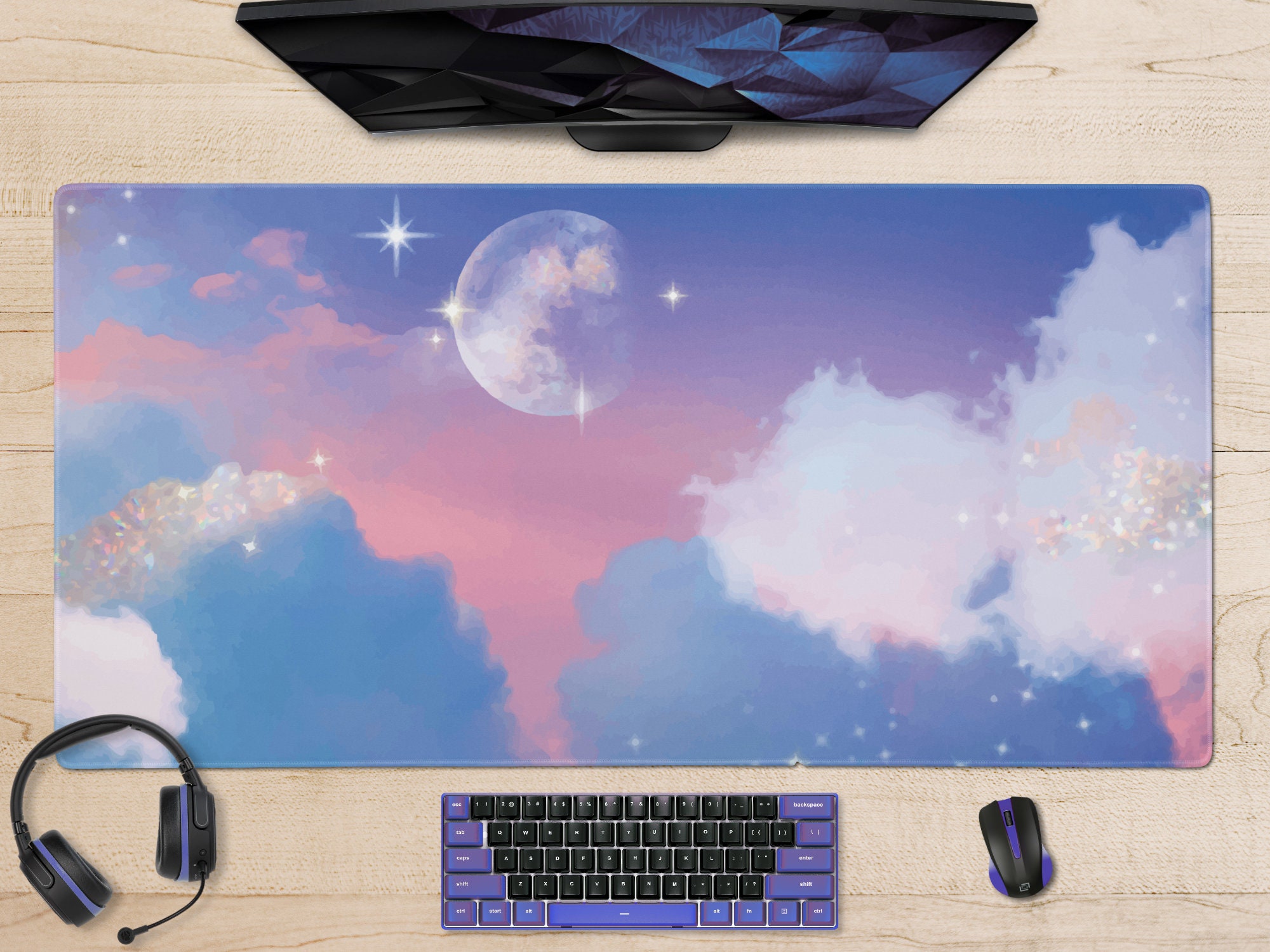 Pastel Clouds Dreamy Moon Desk Mat Aesthetic Cute Purple Pink - Etsy