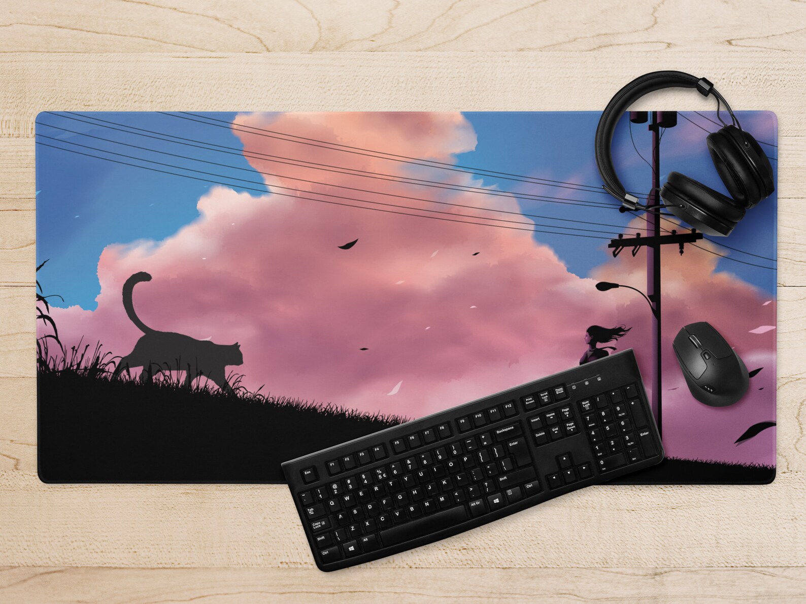 Windy Cloudy Sky Lo-fi Aesthetic Desk Mat Pink Cat Landscape - Etsy