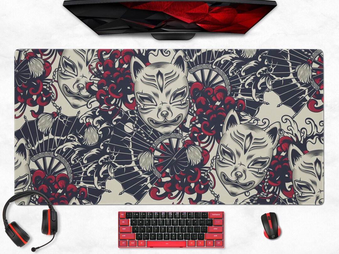 Japanese Kitsune Samurai Floral Desk Mat Gaming Large Mouse Pad ...