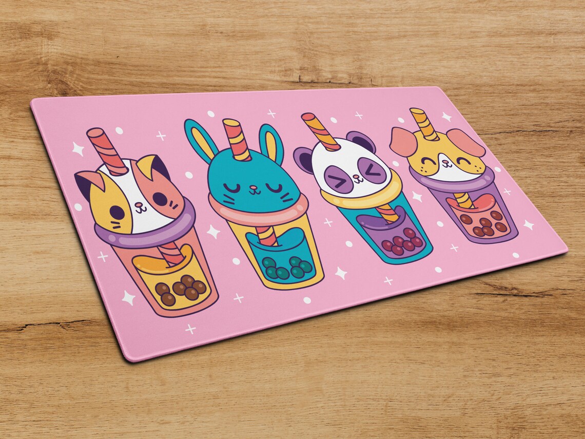 Kawaii Cute Animal Bubble Tea Desk Mat Boba Pink Gaming Large - Etsy
