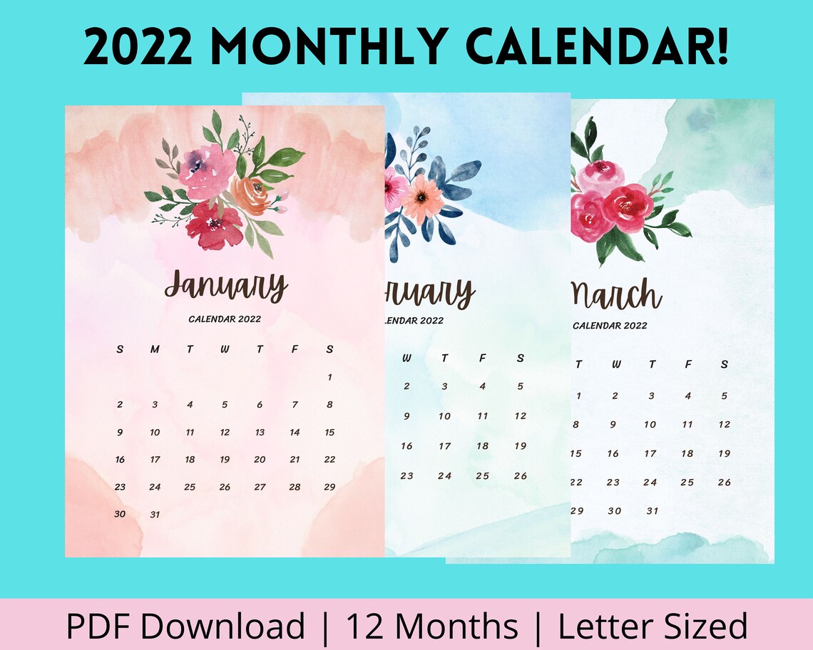 2022 Monthly Calendar, Printable Calendar, 2022 Year Printable Calendar ...