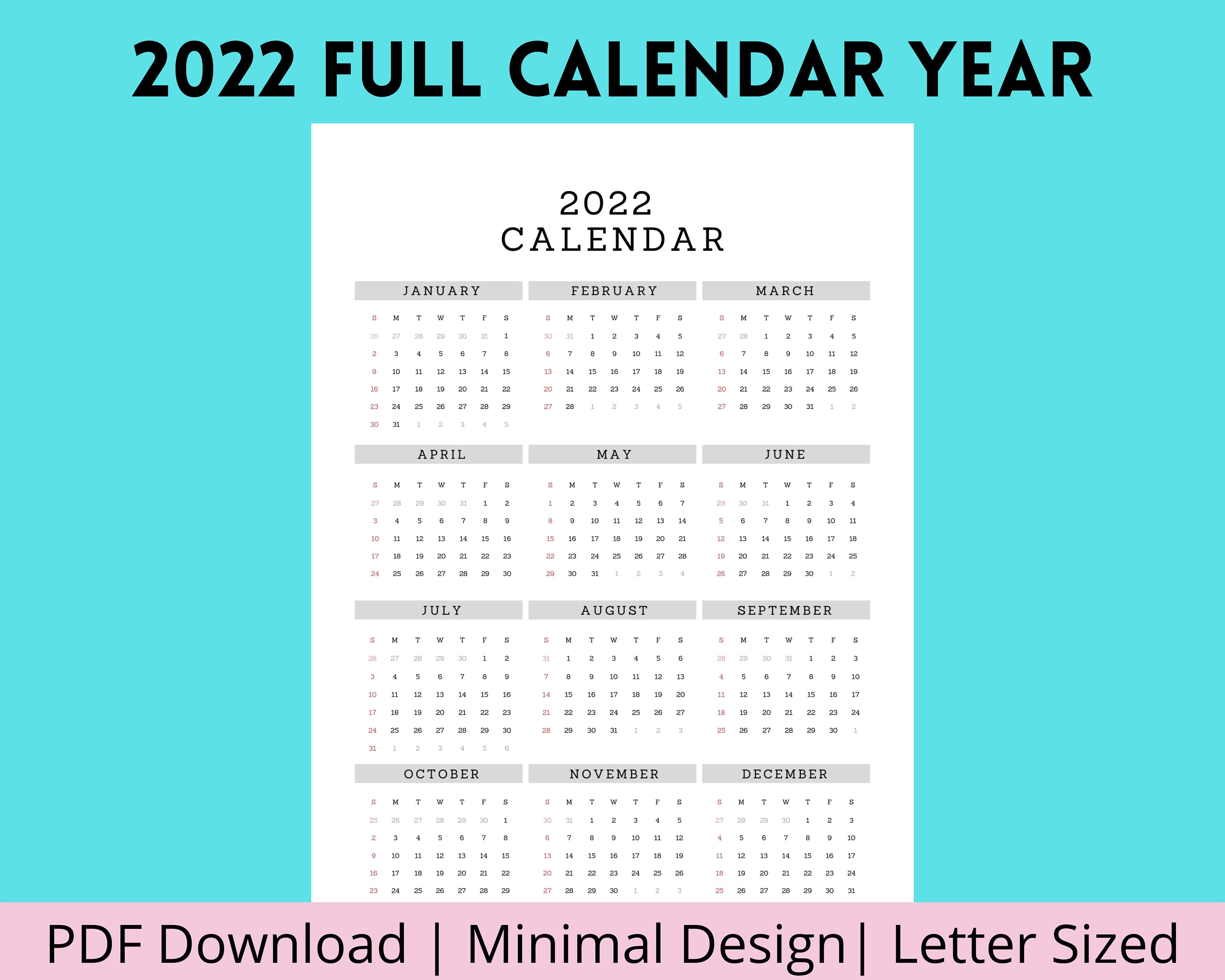 2022 Year Calendar Printable PDF Calendar Minimal Calendar - Etsy