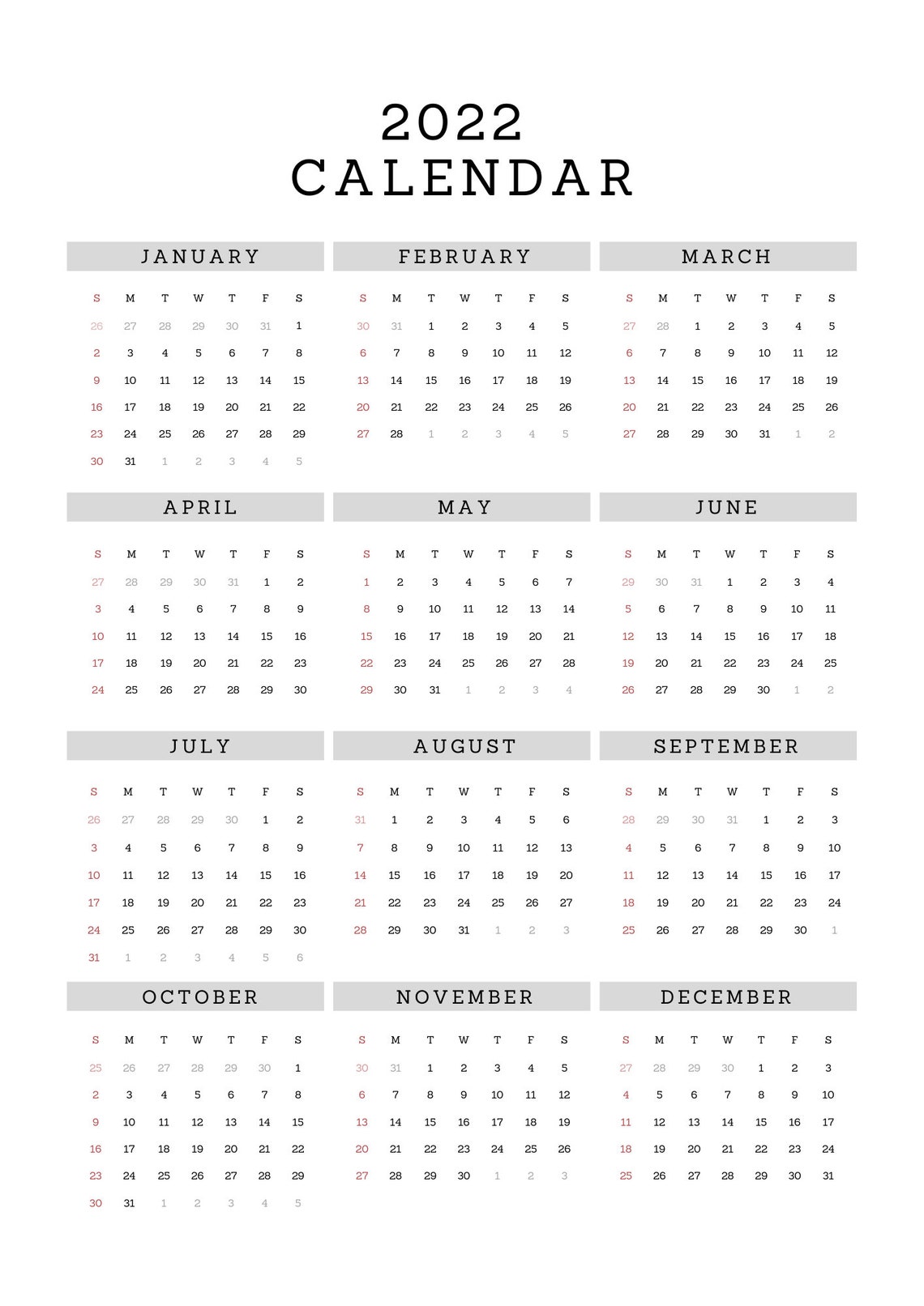 2022 Year Calendar Printable PDF Calendar Minimal Calendar - Etsy