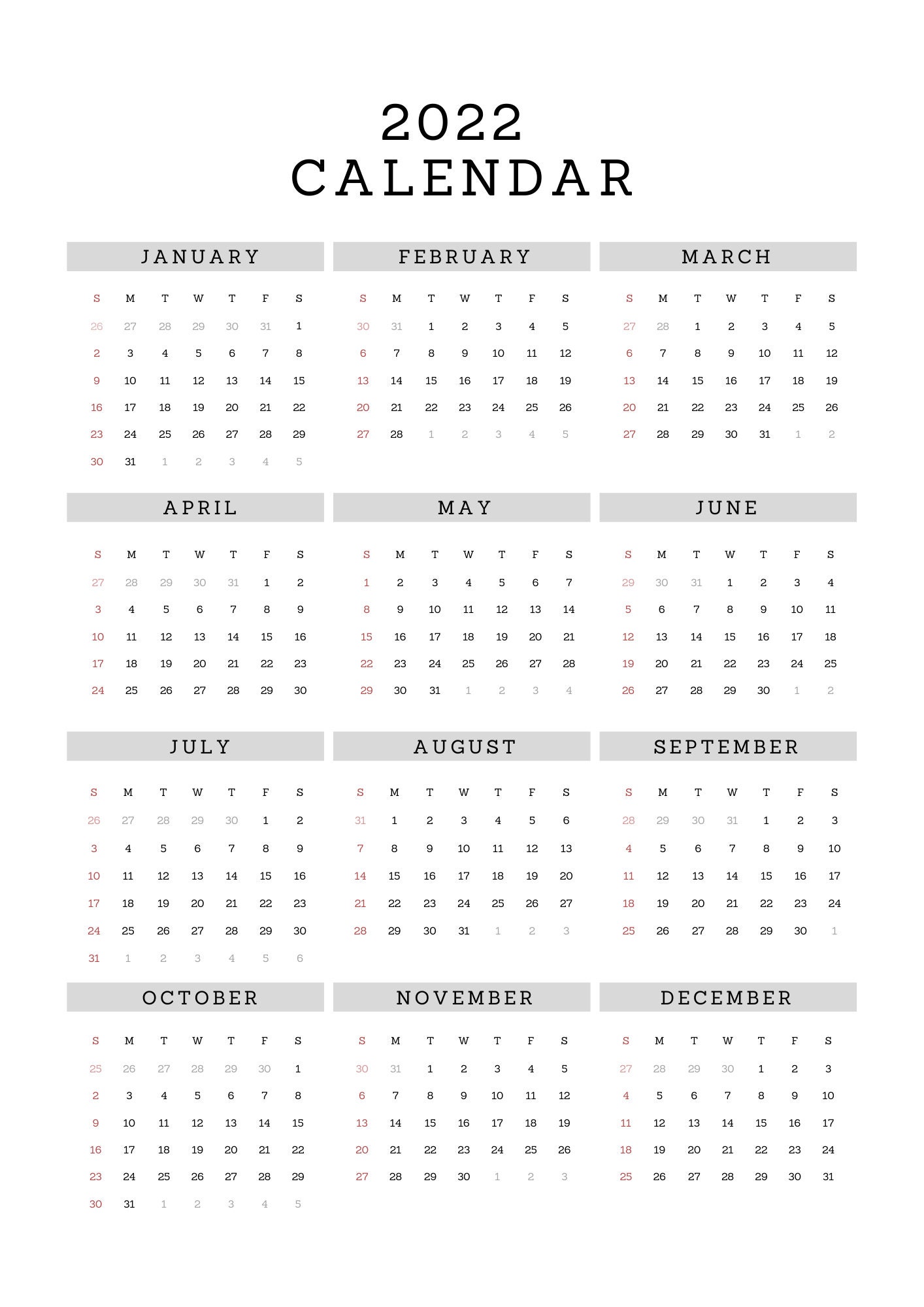 2022 Year Calendar Printable PDF Calendar Minimal Calendar - Etsy