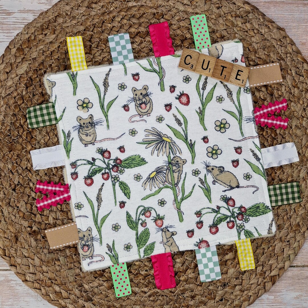 Strawberry Mouse Crinkle Tag Toy, Soft Baby Sensory Square, Handmade - Etsy