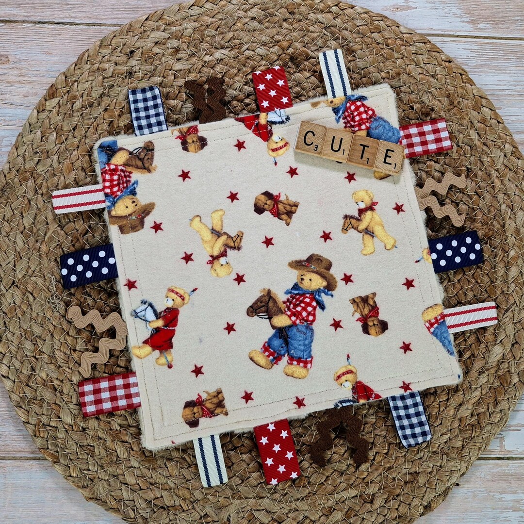 Cowboy Teddy Bear Crinkle Toy, Sensory Ribbon Tag Square - Etsy