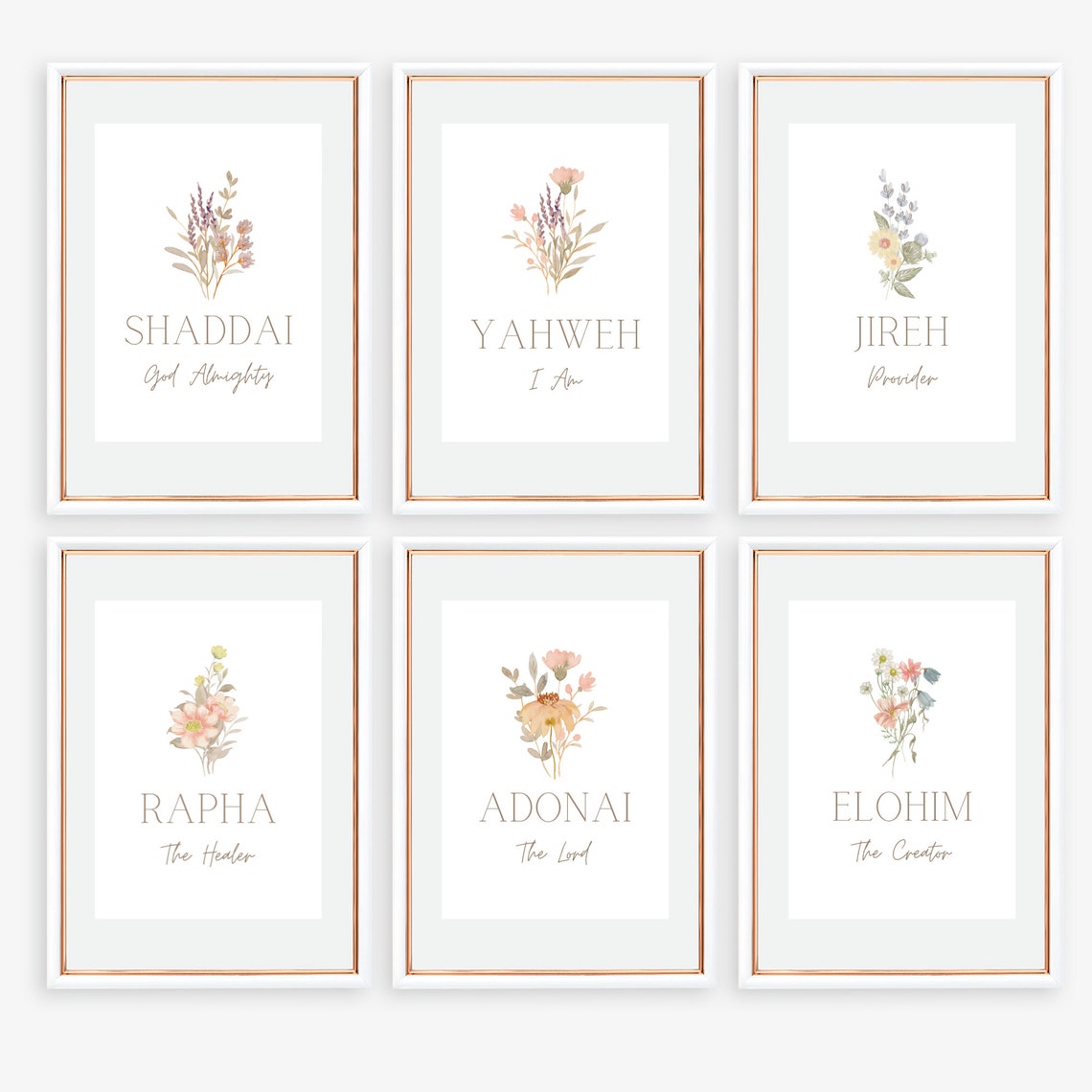 Set of 6 Christian Printable Names of God Digital Wall Art Yahweh Jireh ...