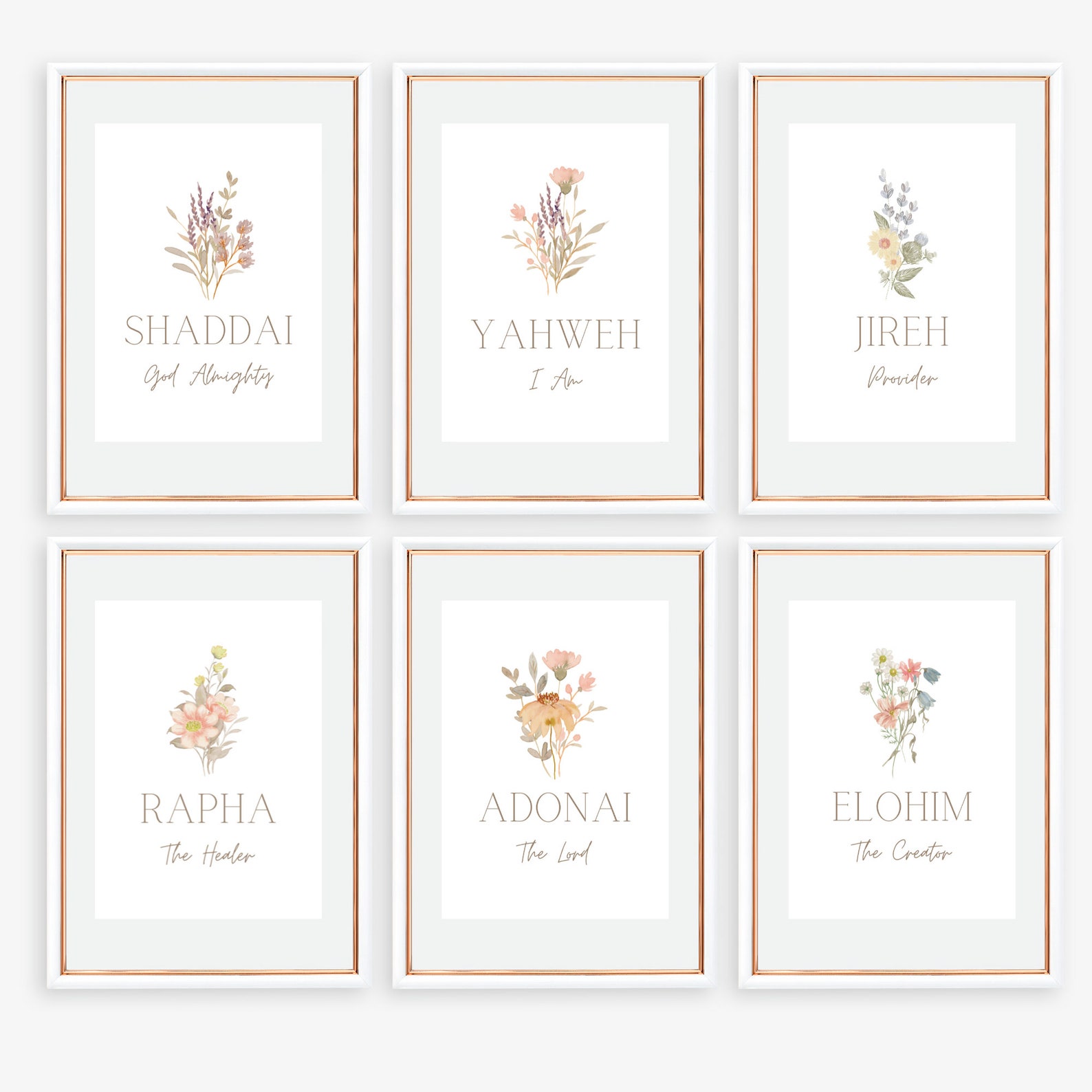 Set of 6 Christian Printable Names of God Digital Wall Art Yahweh Jireh ...