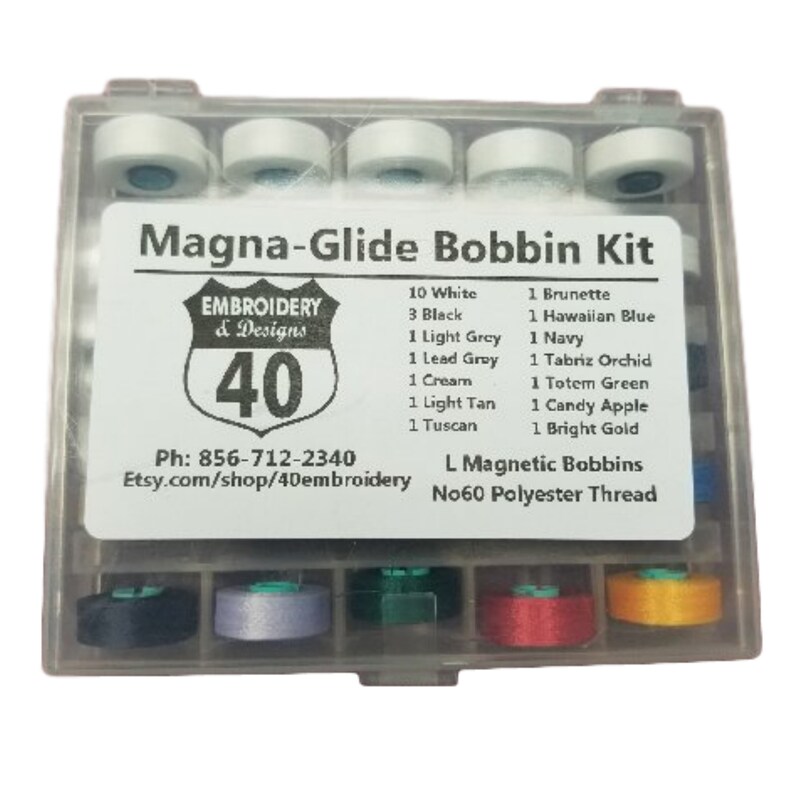 Magnetic Bobbin Sampler Plastic Case & 25 Magna-glide Bobbins in 14 ...
