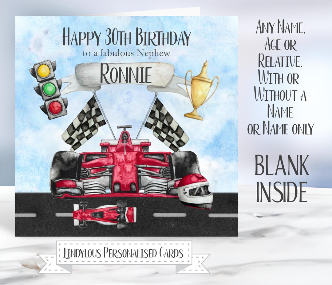 Red Racing Car Grand Prix Flags Personalised Birthday Card Great ...