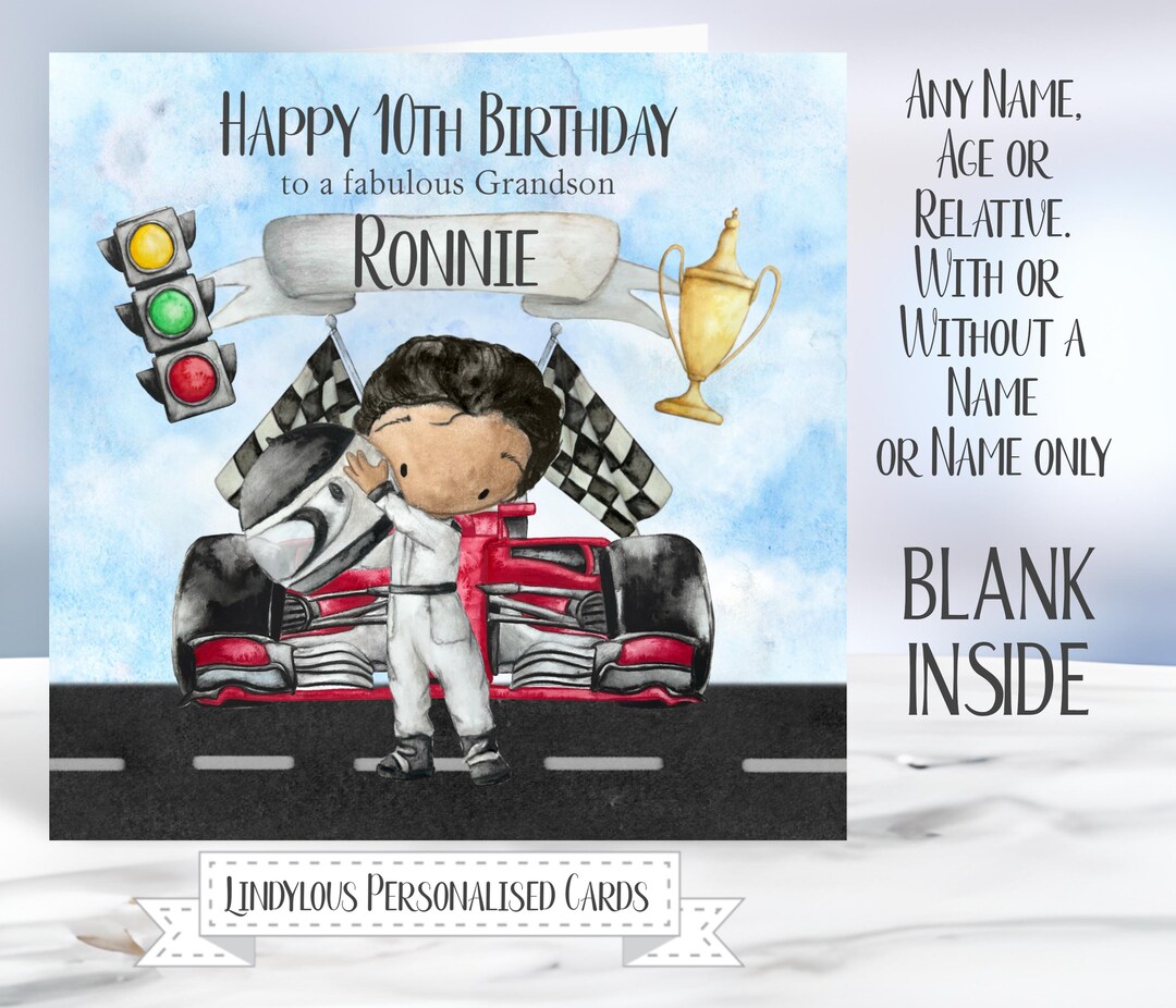 Black Hair Boy Racing Car Driver Grand Prix Personalised Birthday Card ...