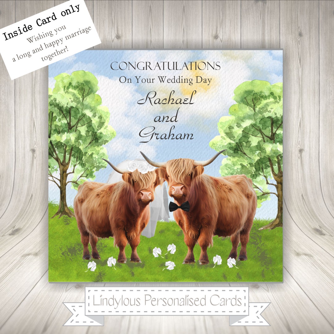 Highland Cow Wedding Day Personalised Card Names Veil Field Trees Bride ...