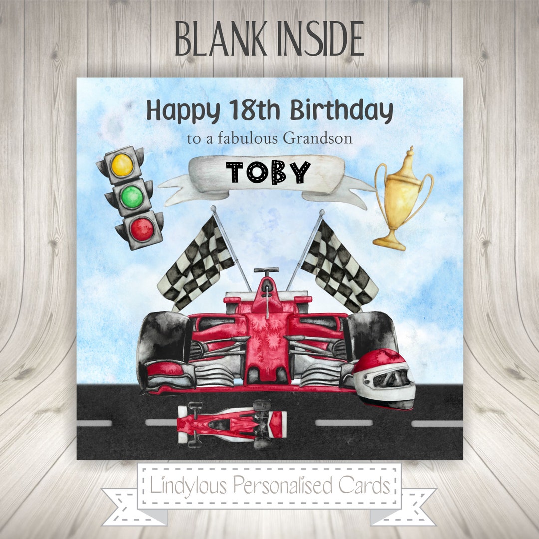 Red Racing Car Grand Prix Flags Personalised Birthday Card Great ...