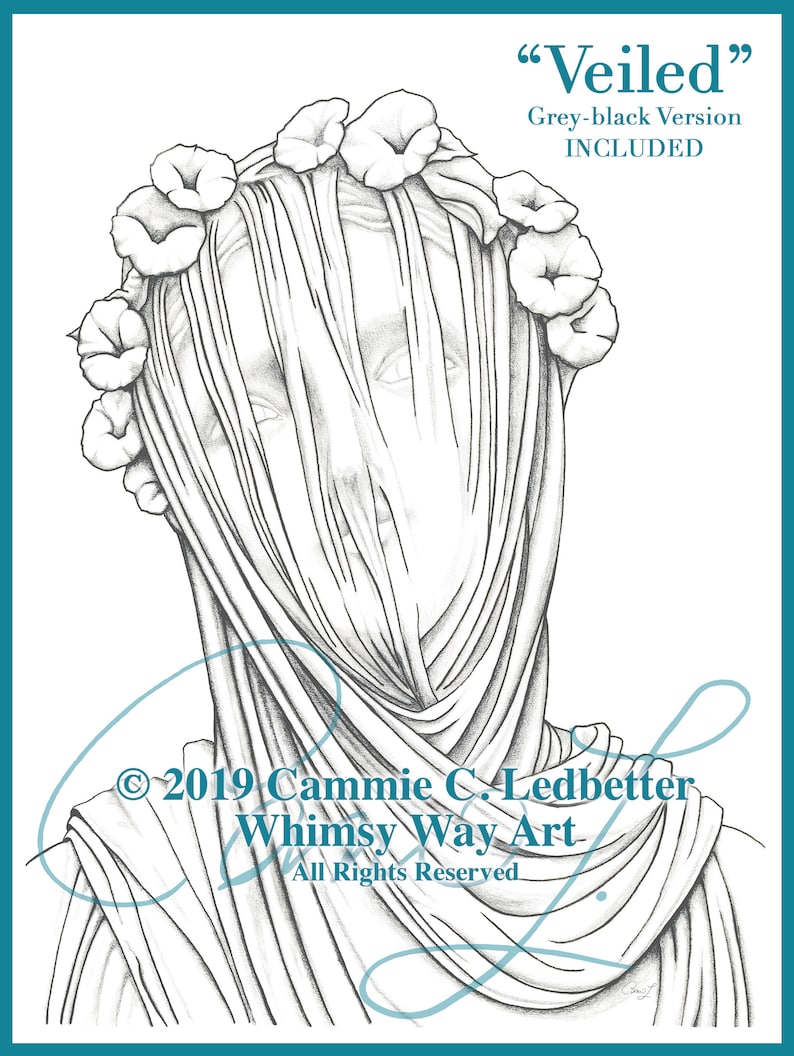 Veiled. Premium Portrait Greyscale Adult Coloring Page PDF - Etsy