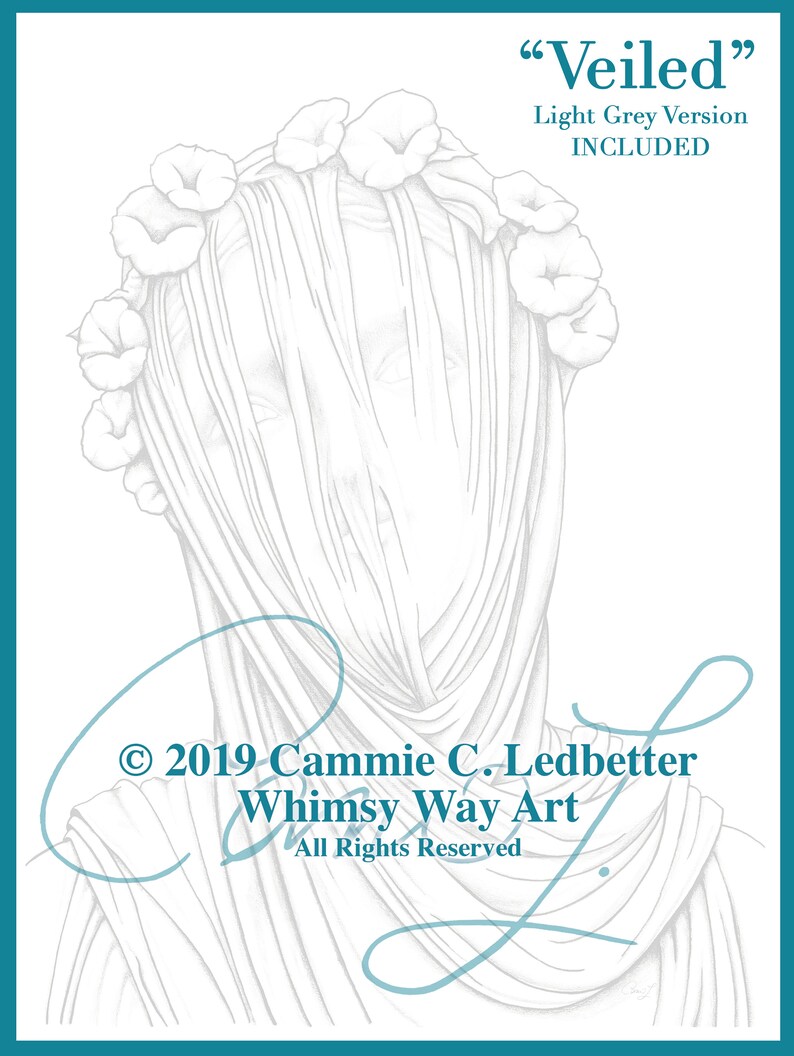 Veiled. Premium Portrait Greyscale Adult Coloring Page PDF - Etsy