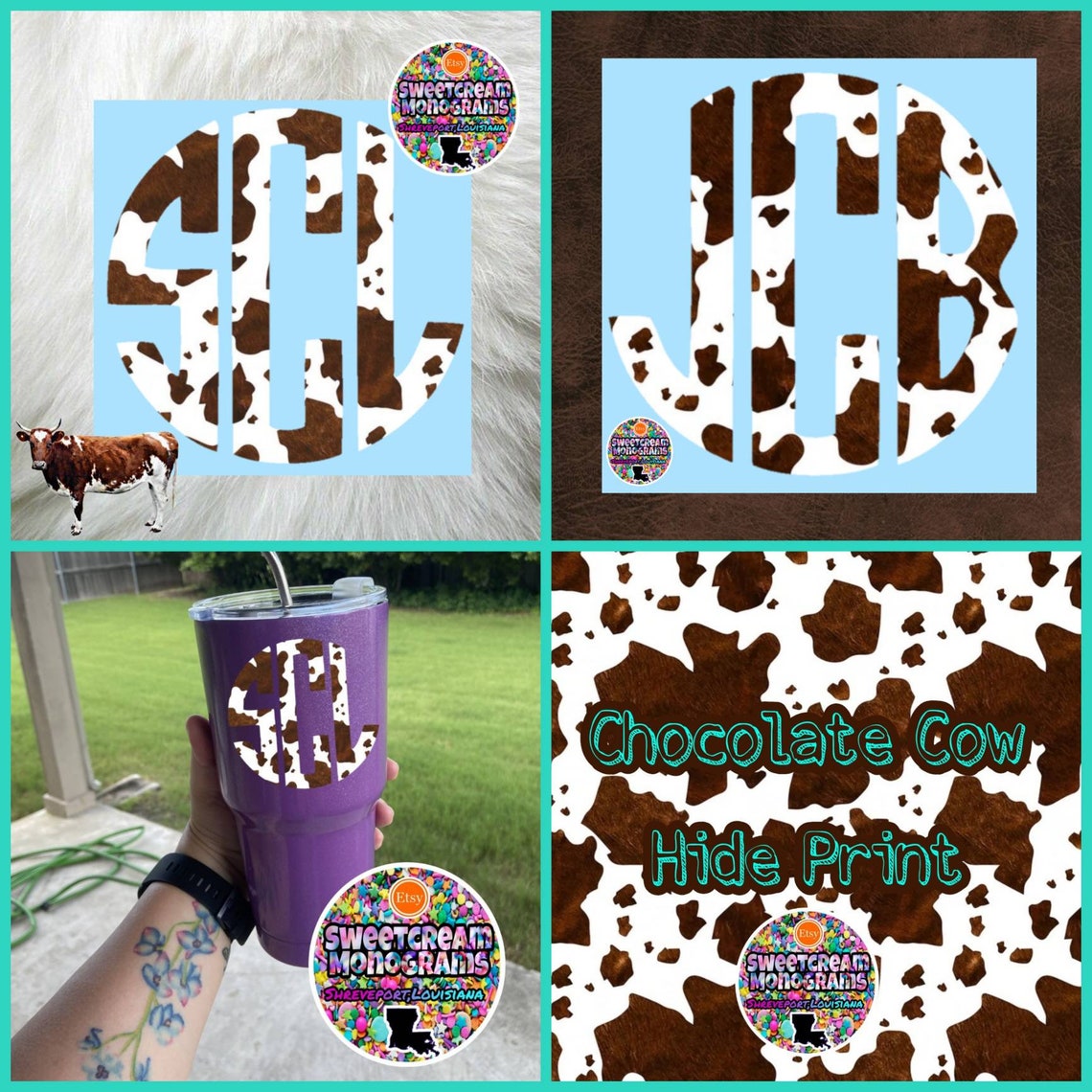 Cow Hide Monogram Car Decalcow Print Monogramcow Hide | Etsy