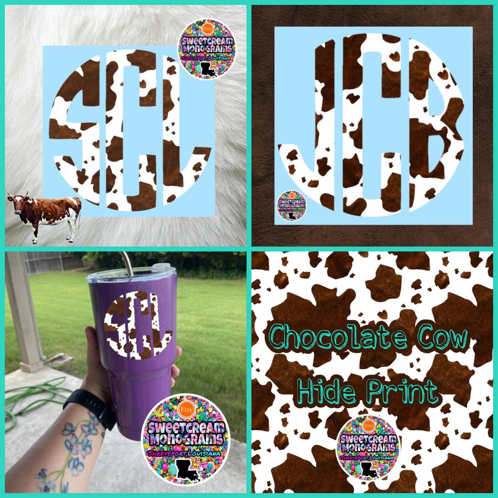 Cow Hide Monogram Car Decalcow Print Monogramcow Hide | Etsy